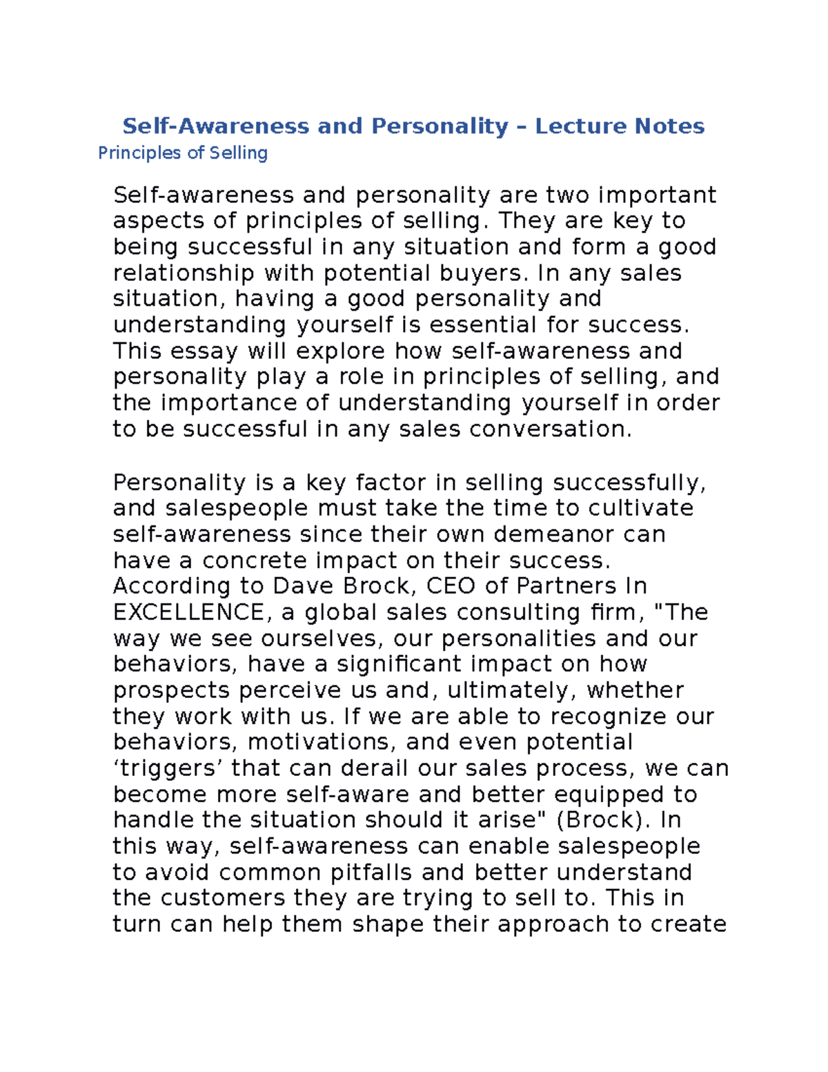 Self-Awareness and Personality – Lecture Notes - Principles of Selling ...