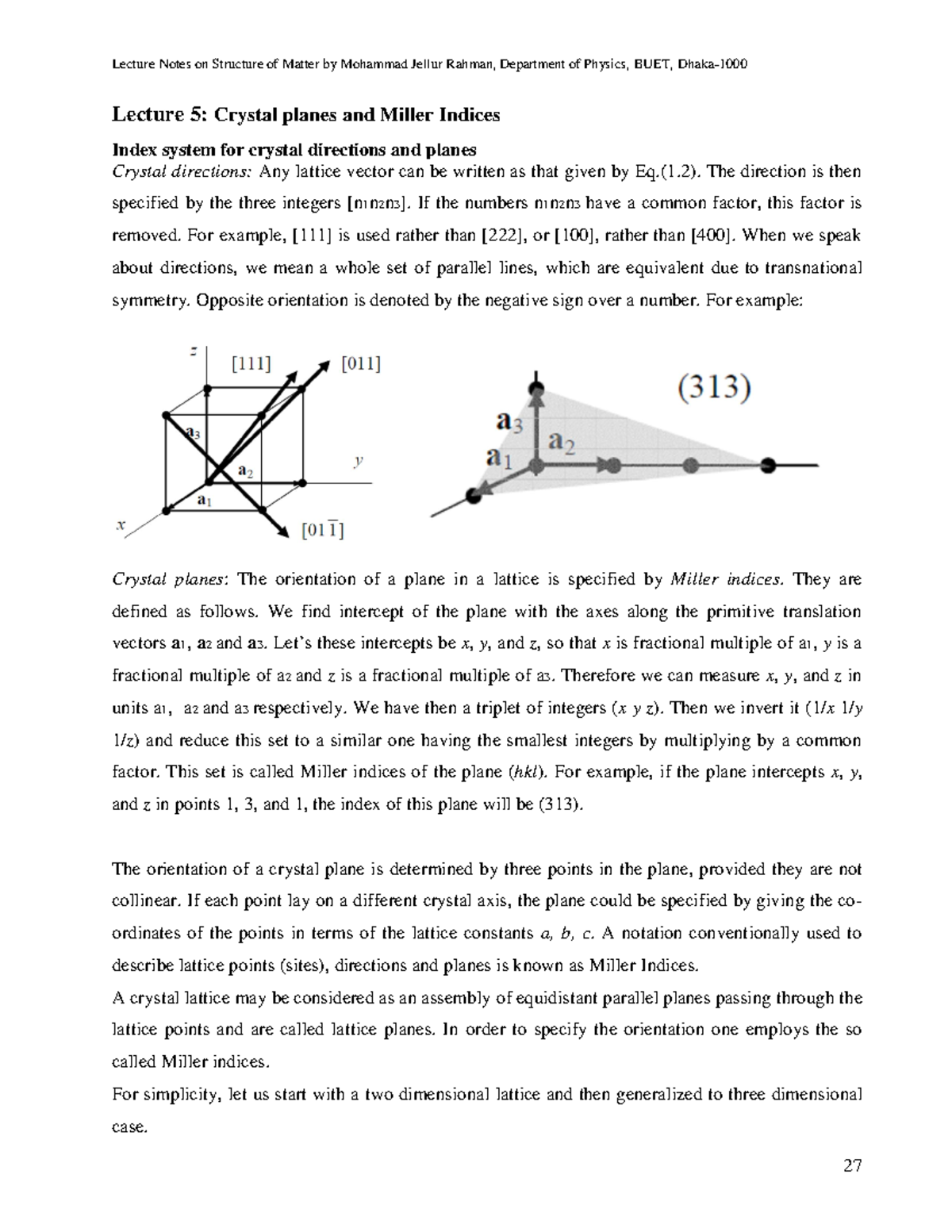 Interplanar spacing - Solid state physics - ####### Lecture 5: Crystal planes and Miller Indices ...