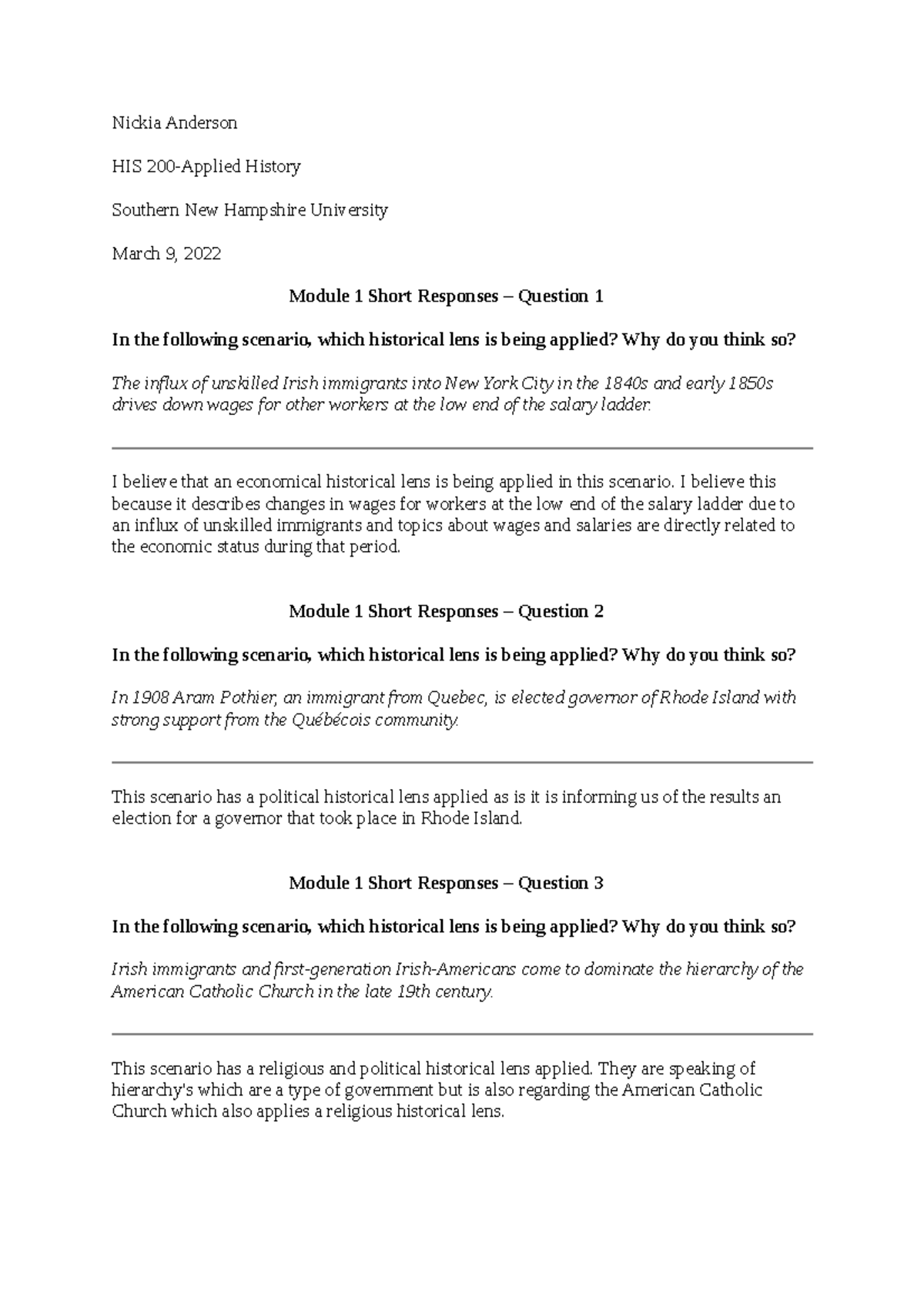 Module One-Short Answer Responses - Nickia Anderson HIS 200-Applied ...