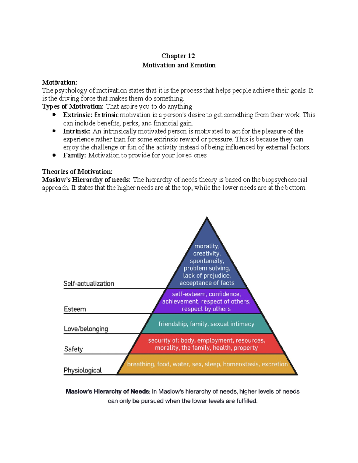 GP- Summary of Chapter 12 - Chapter 12 Motivation and Emotion ...
