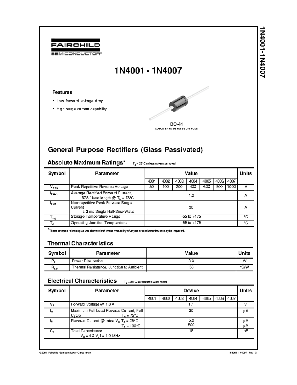 1N4001 - DATA SHIP - 1N4001-1N 2001 Fairchild Semiconductor Corporation ...