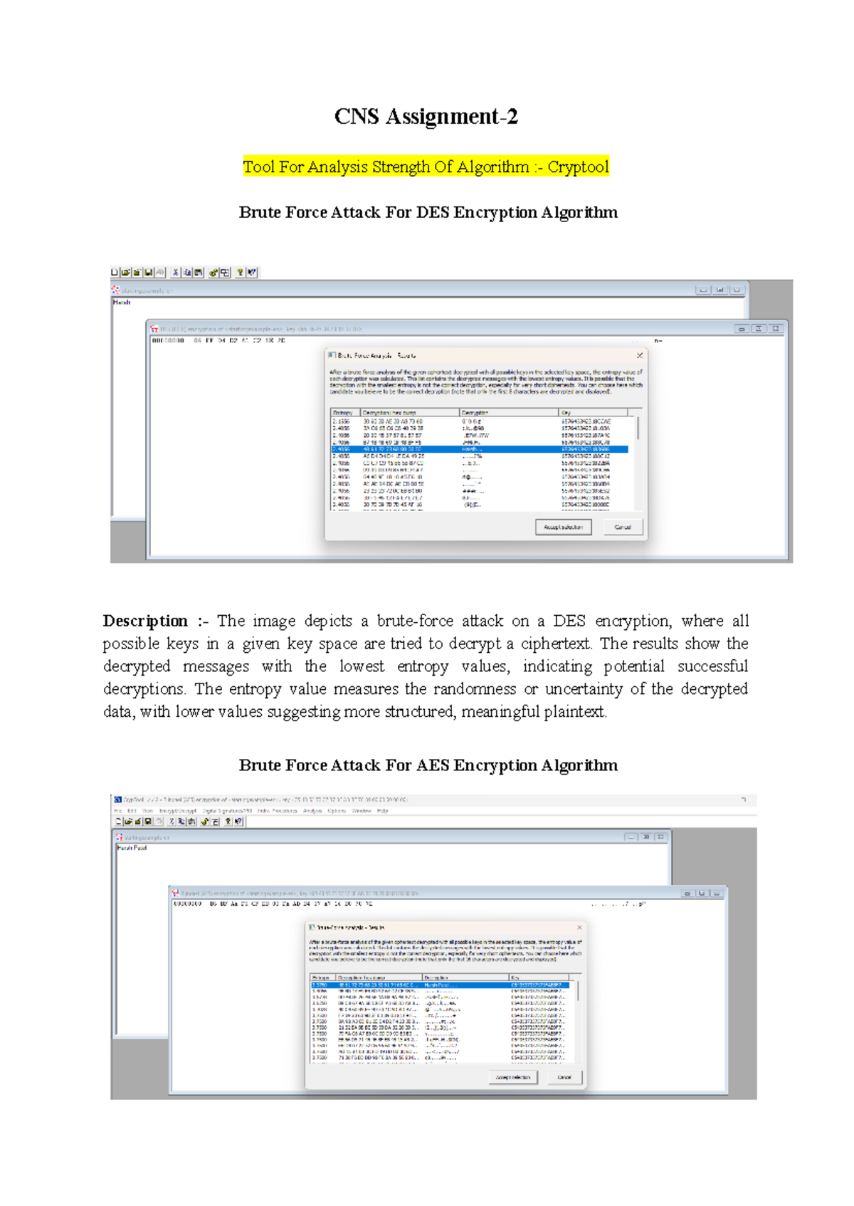 CNS Assignment-2 - CNS Assignment- Tool For Analysis Strength Of Algorithm :- Cryptool Brute ...