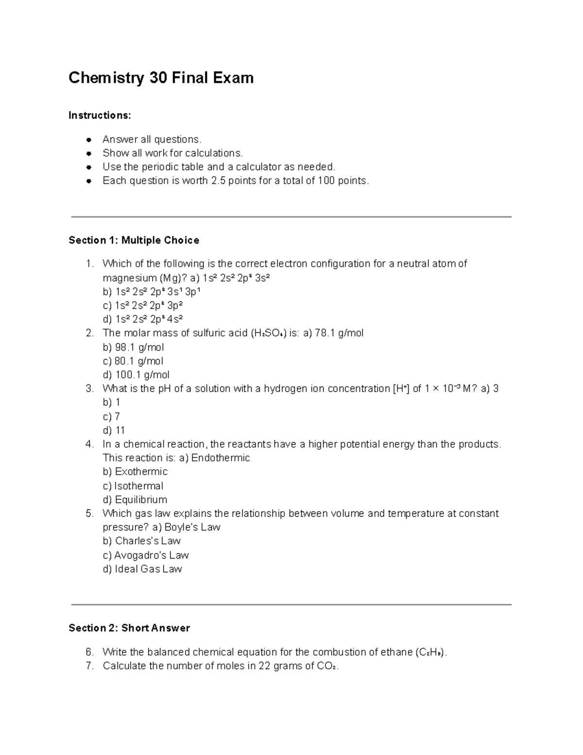 Chem 30 - Chemistry 30 Final Exam Instructions: Answer all questions ...