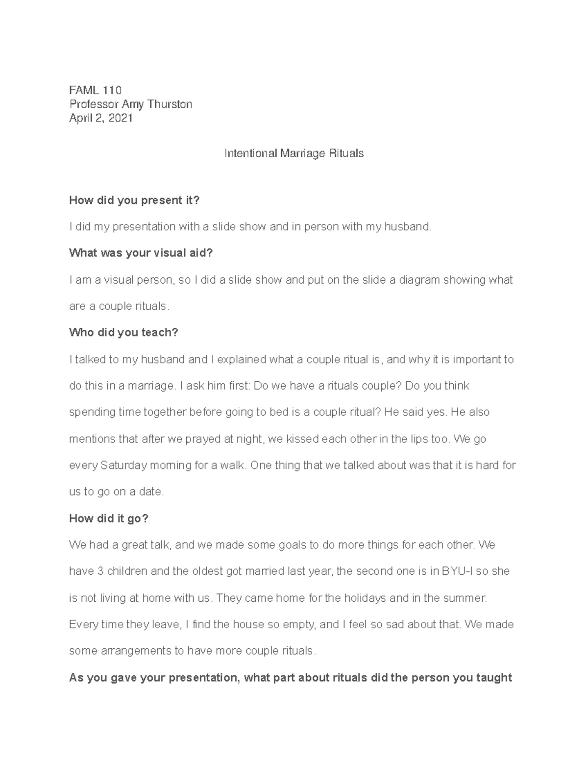 Intentional marriage rituals - FAML 110 Professor Amy Thurston April 2 ...