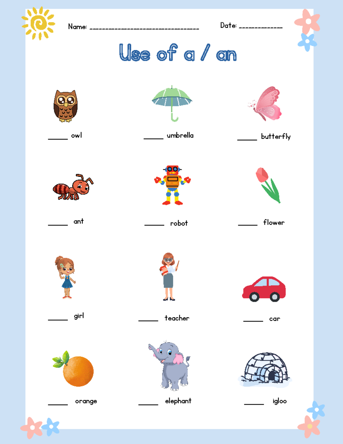 Blue Calming Use of a an Worksheet - Ingles - owl car umbrella ...