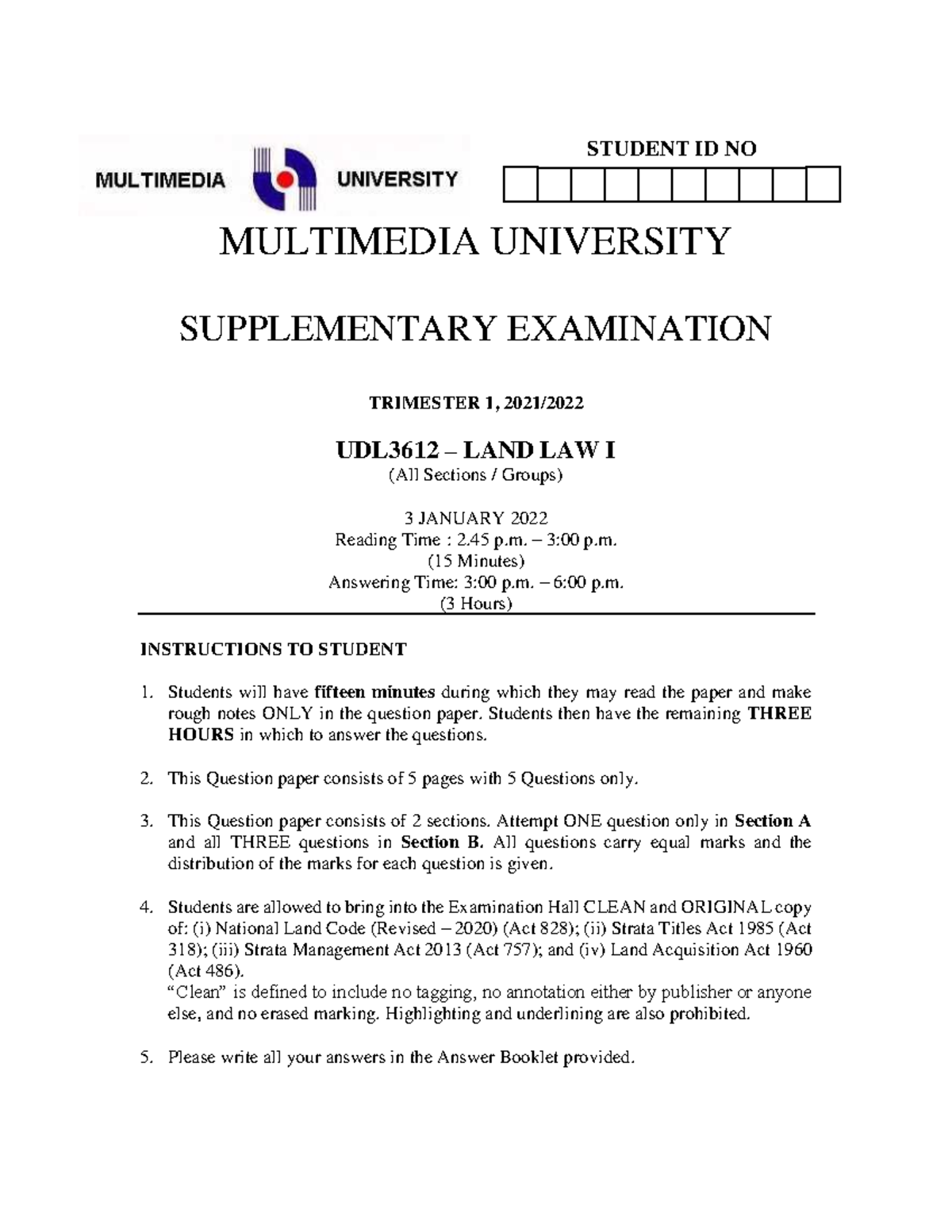 Exam Question Supplementary Exam 2110 UDL3612 - MULTIMEDIA UNIVERSITY ...
