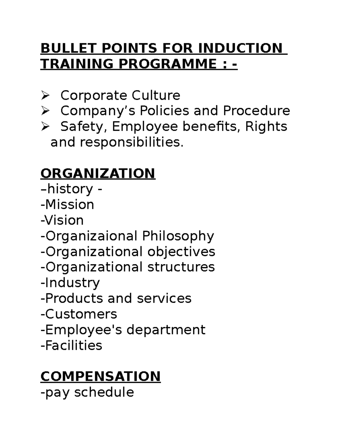 Induction Training Points - BULLET POINTS FOR INDUCTION TRAINING ...