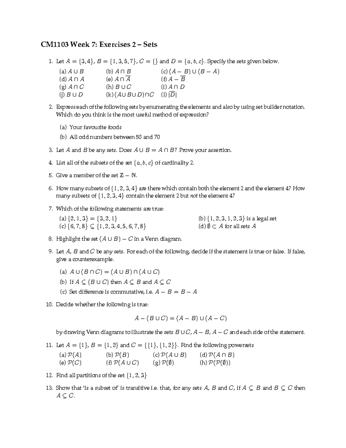 Sets Worksheet Questions CM1103 Week 7 Exercises 2 Sets 1 Let A