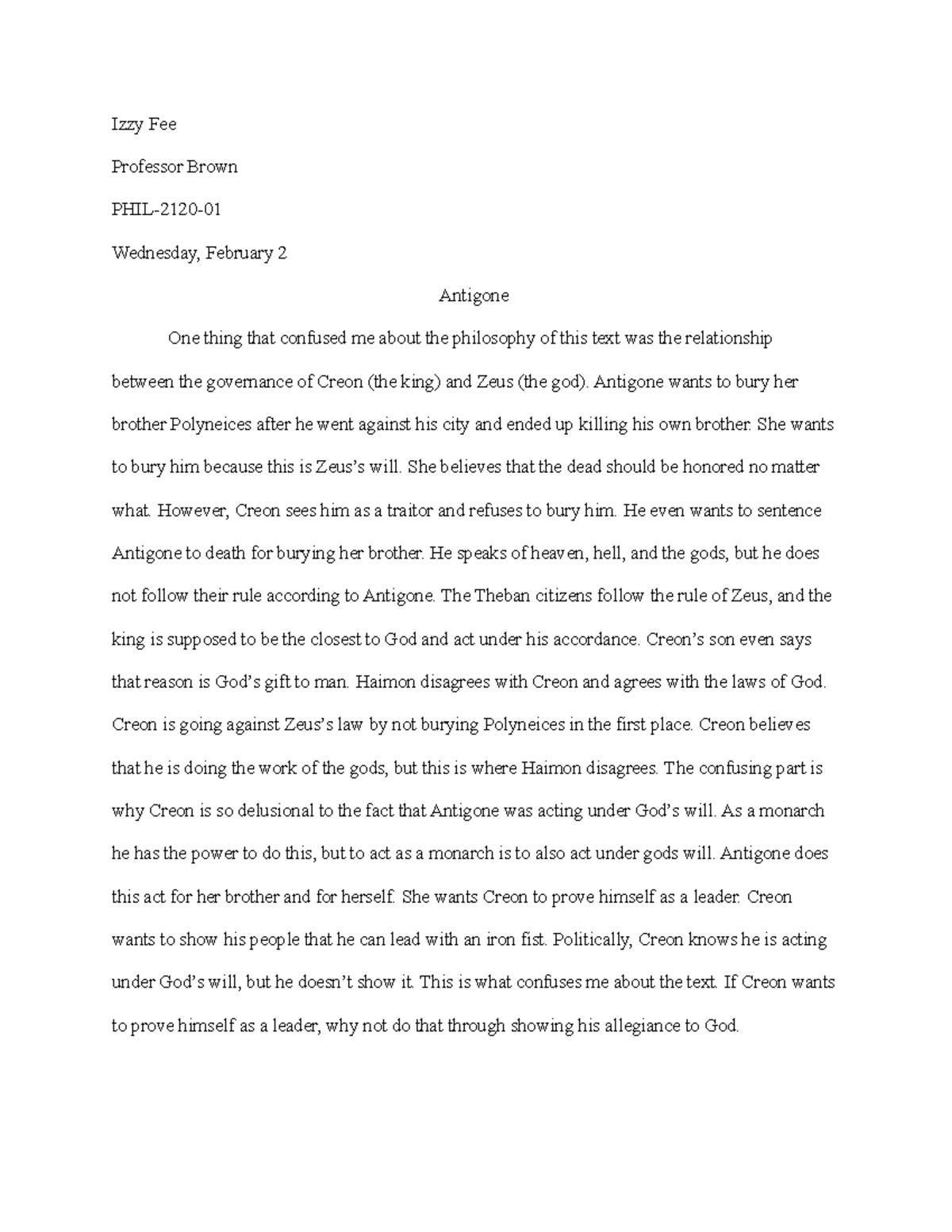 Antigone descriptive questions - Izzy Fee Professor Brown PHIL-2120 ...