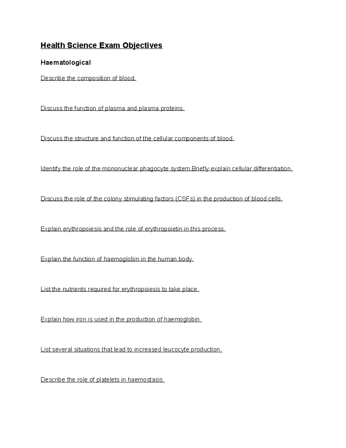 Exam objectives - Lecture notes 6-9 - Health Science Exam Objectives ...