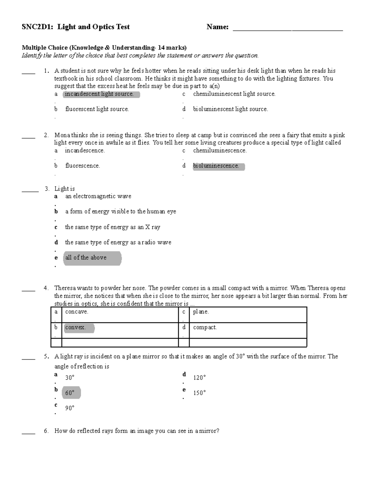 Light and Optics Test 09v2 - Multiple Choice (Knowledge & Understanding ...