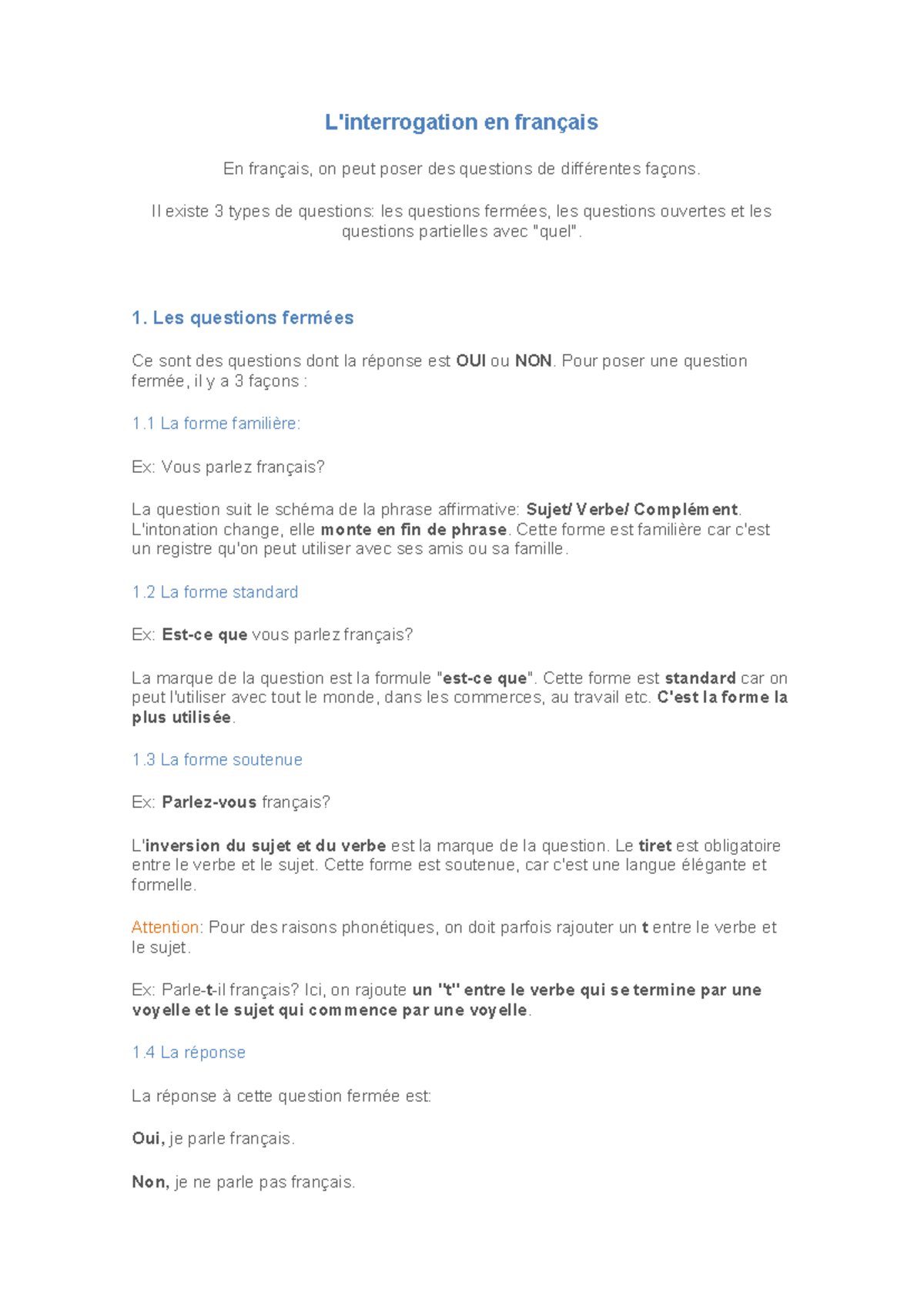LES Types DE Question - L'interrogation en français En français, on ...