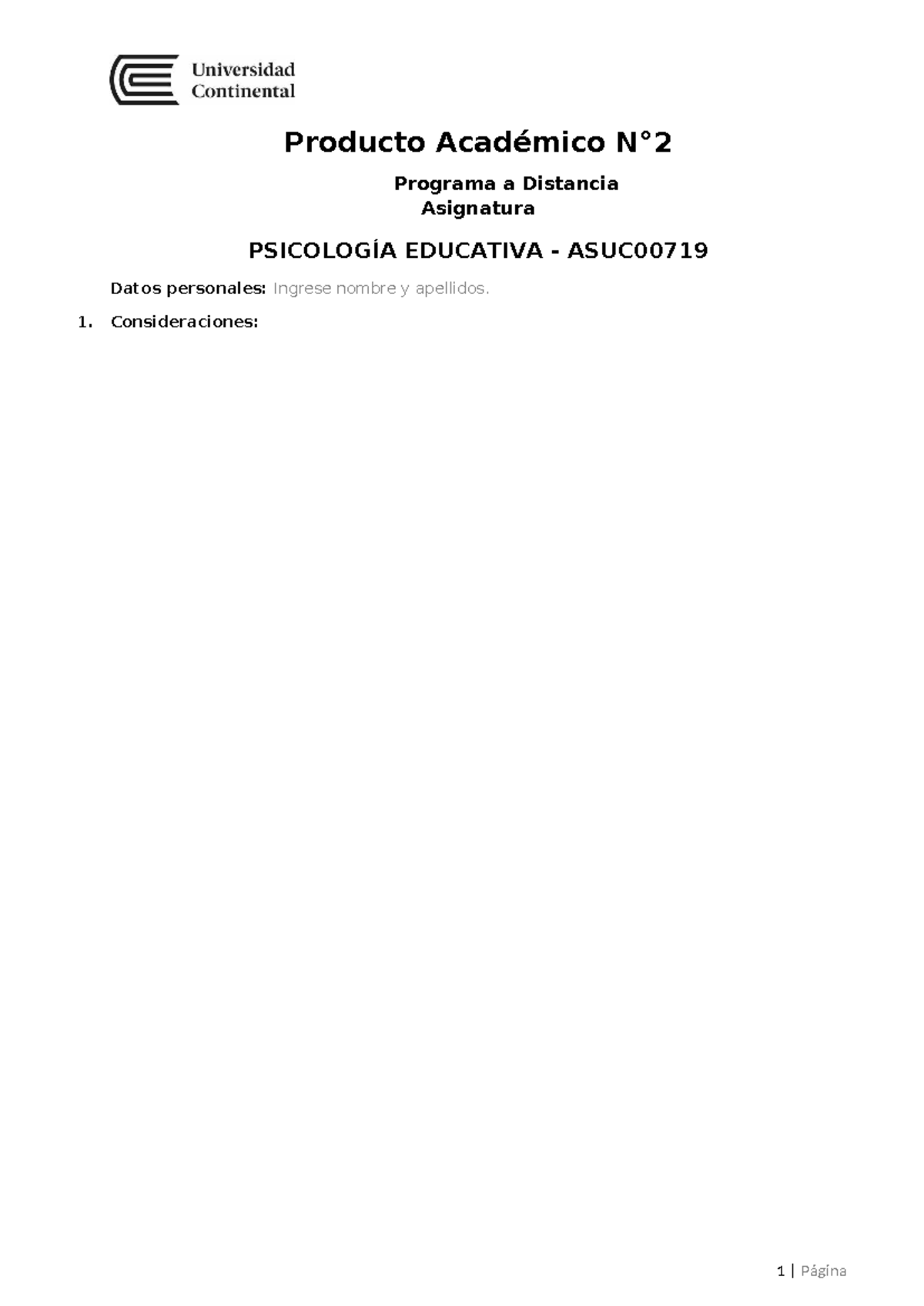 PA02. PE Rúbrica - PA2 - Producto Académico N° Programa a Distancia Asignatura PSICOLOGÍA ...