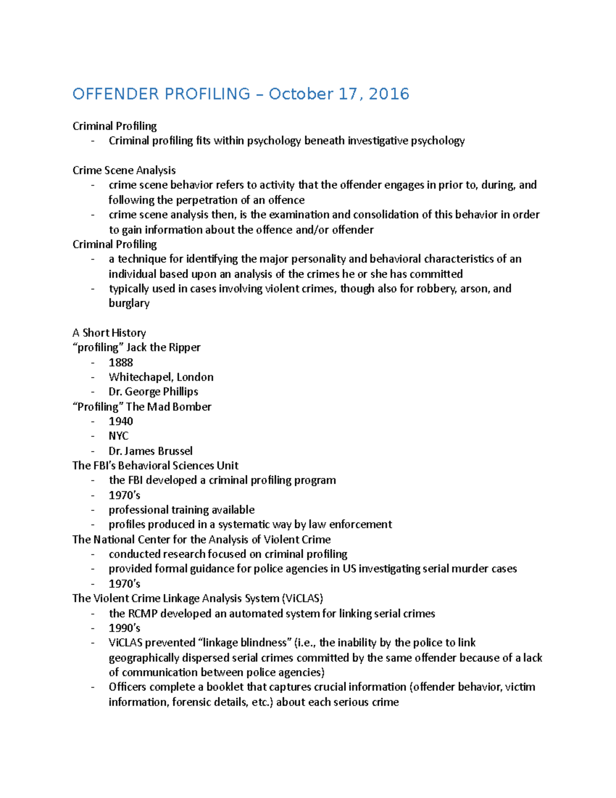 Offender Profiling – October 17 - OFFENDER PROFILING October 17, 2016 ...