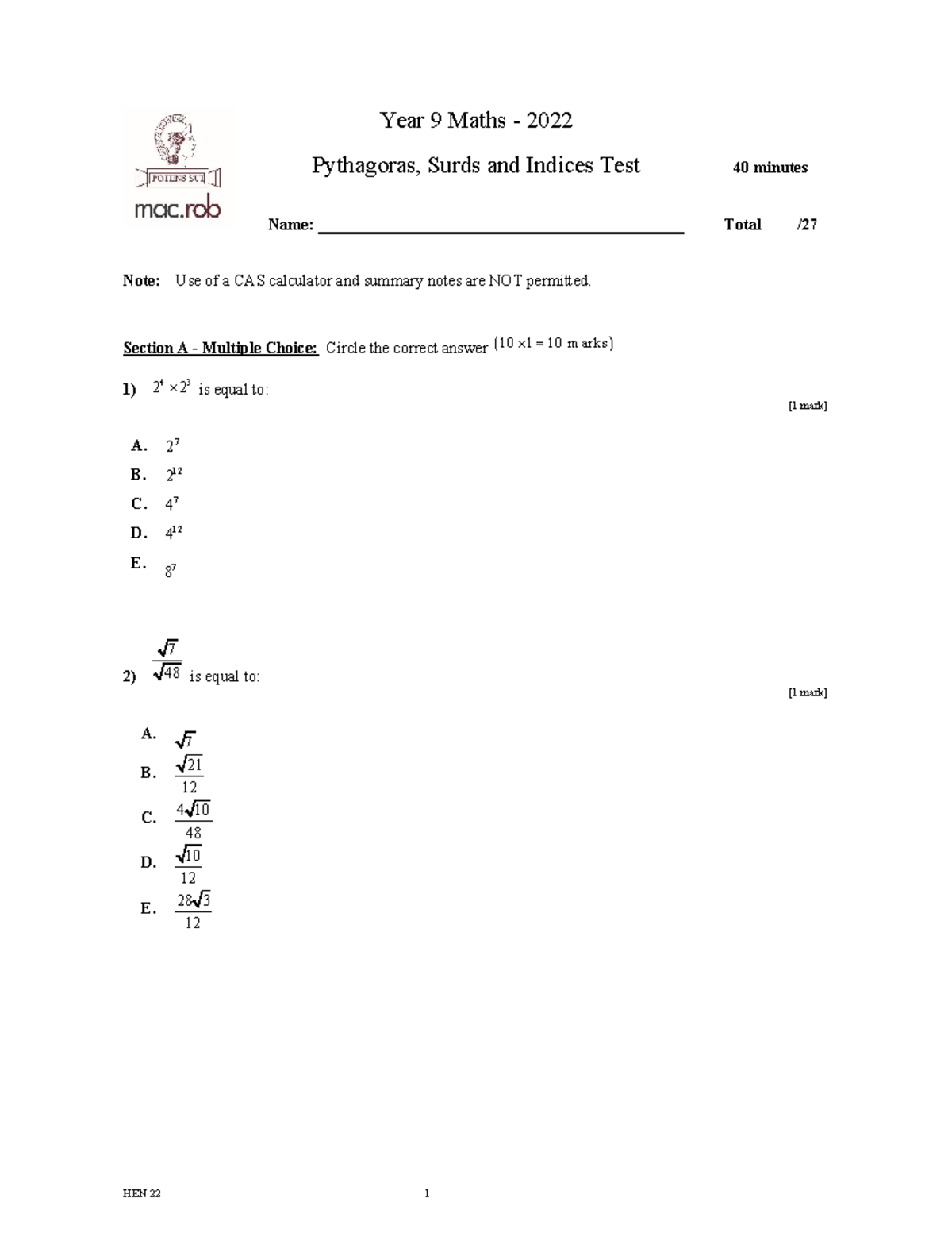 Pythagoras Surds Indices Test - Year 9 Maths - 2022 Pythagoras, Surds ...