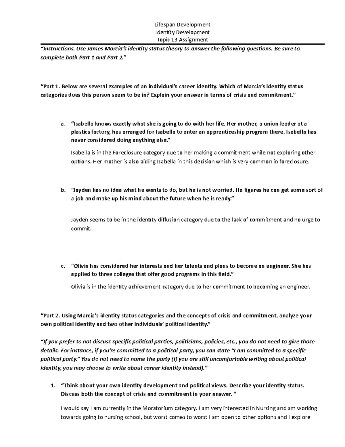 Topic 13. Assignment-11 - Lifespan Development Identity Development Topic 13 Assignment - Studocu