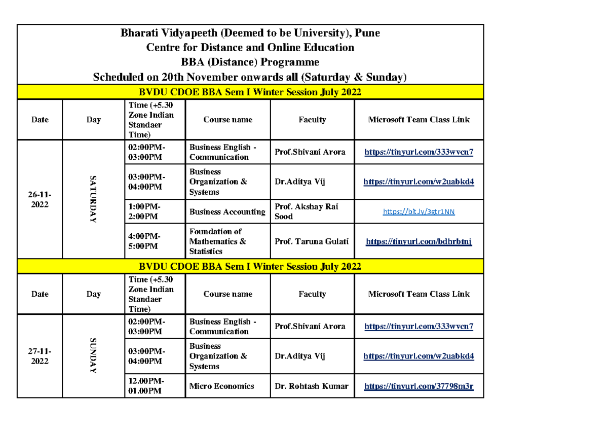Bbapcpclass Time Table Saturday&Sunday 981863 - Bharati Vidyapeeth ...