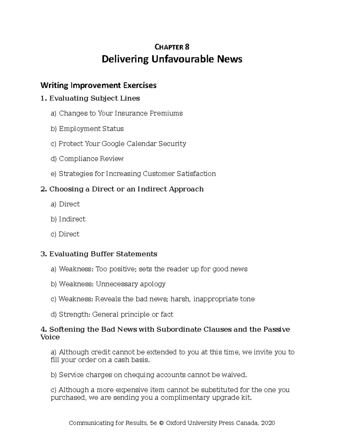Answer Key Ch 8 Unfavourable messages exercises - CHAPTER 8 Delivering ...