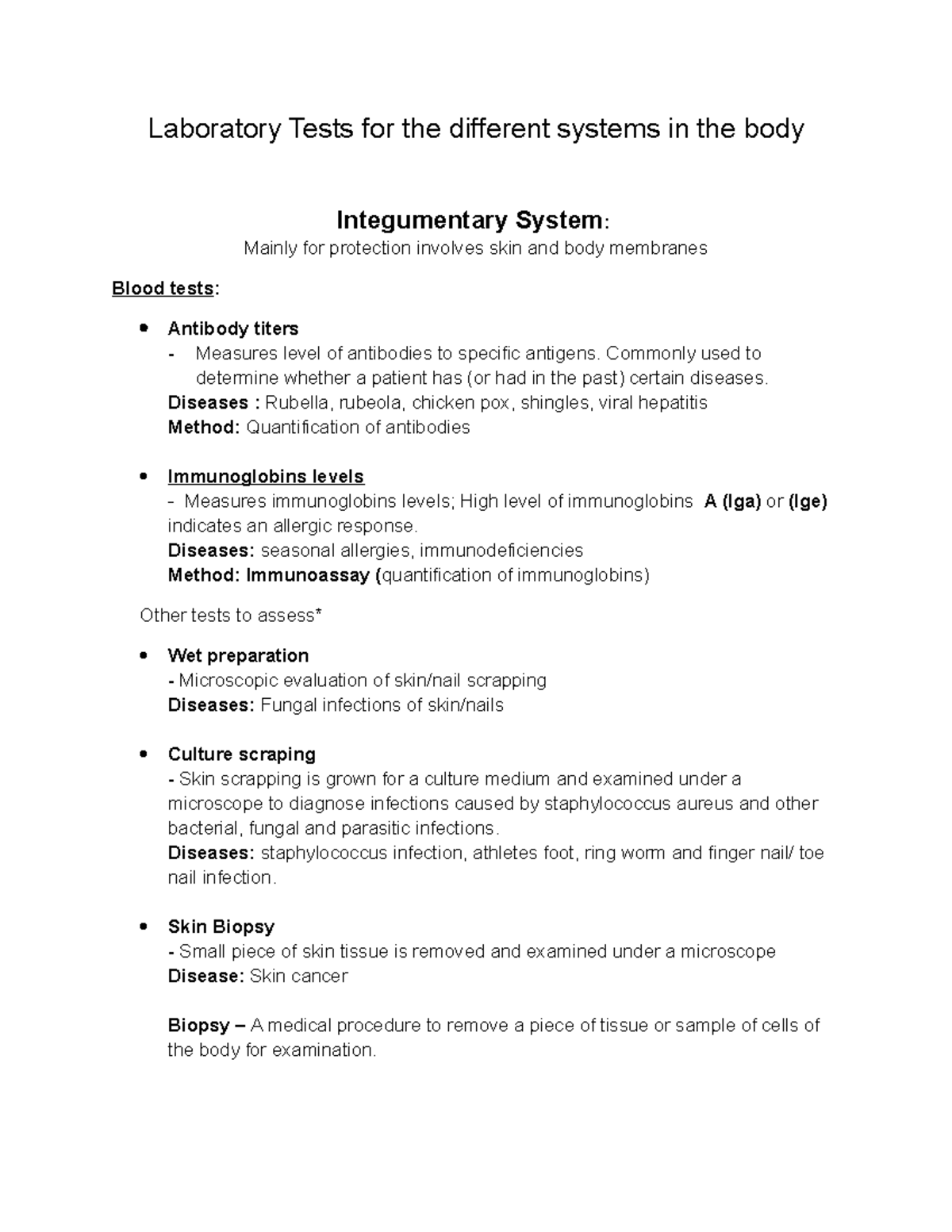 Laboratory Tests for the different systems in the body - Laboratory ...