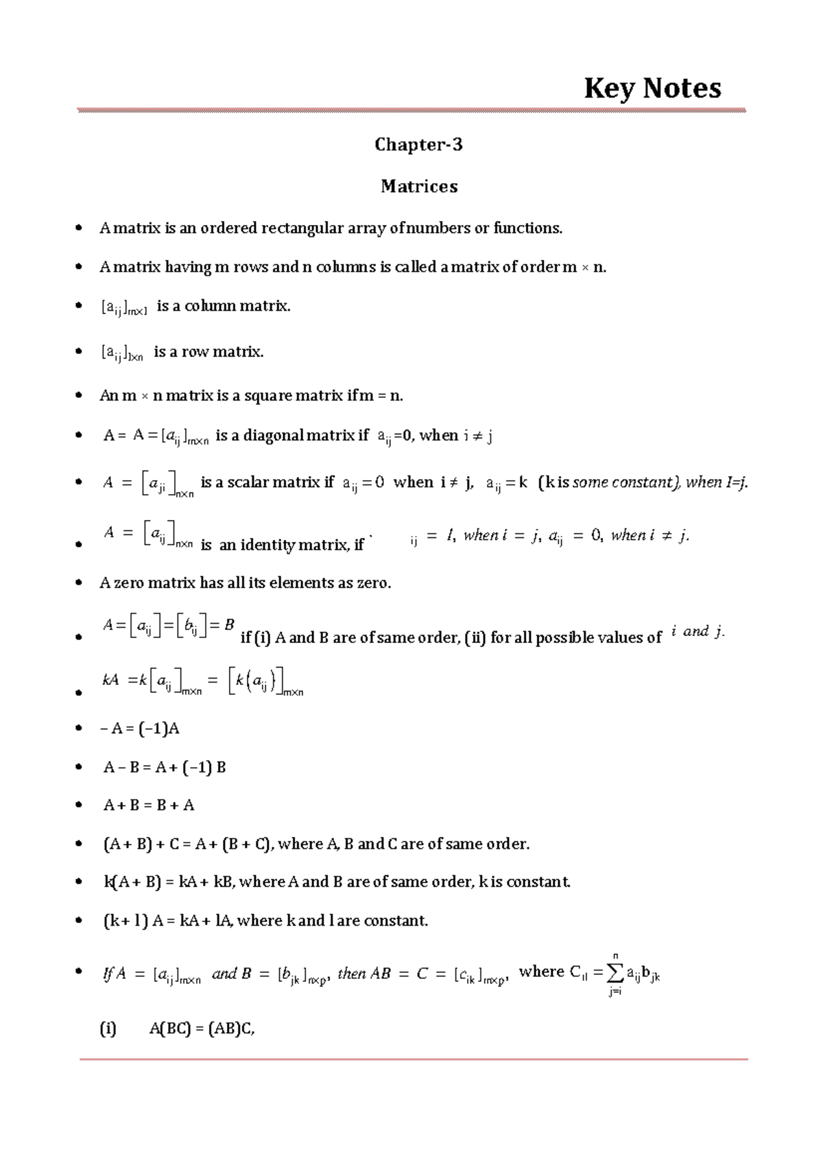 12 maths key notes ch 03 matrices - Key Notes Chapter- Matrices A ...