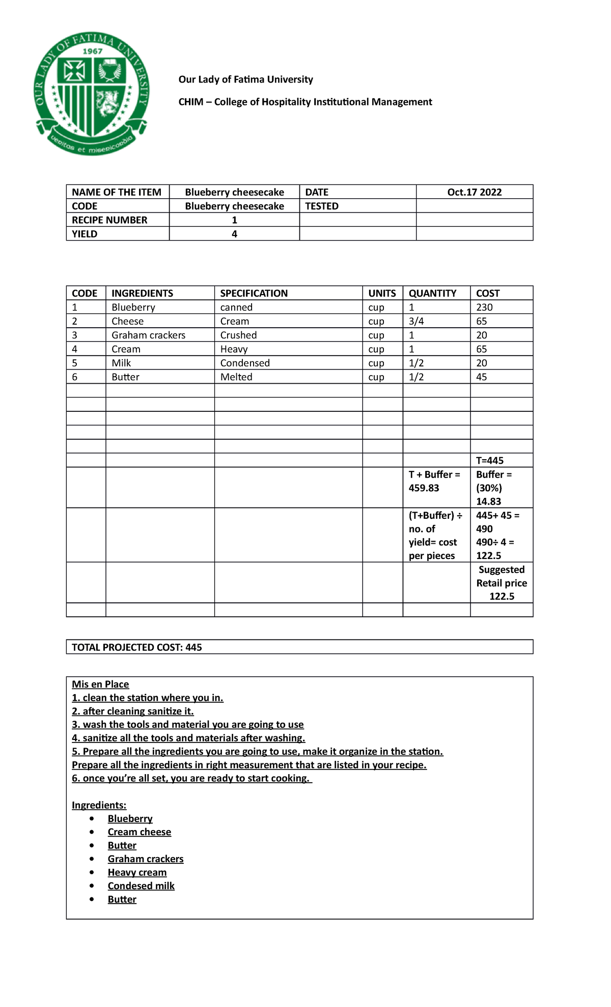 Blueberry Cheesecake - JHGYF - Our Lady of Fatima University CHIM ...
