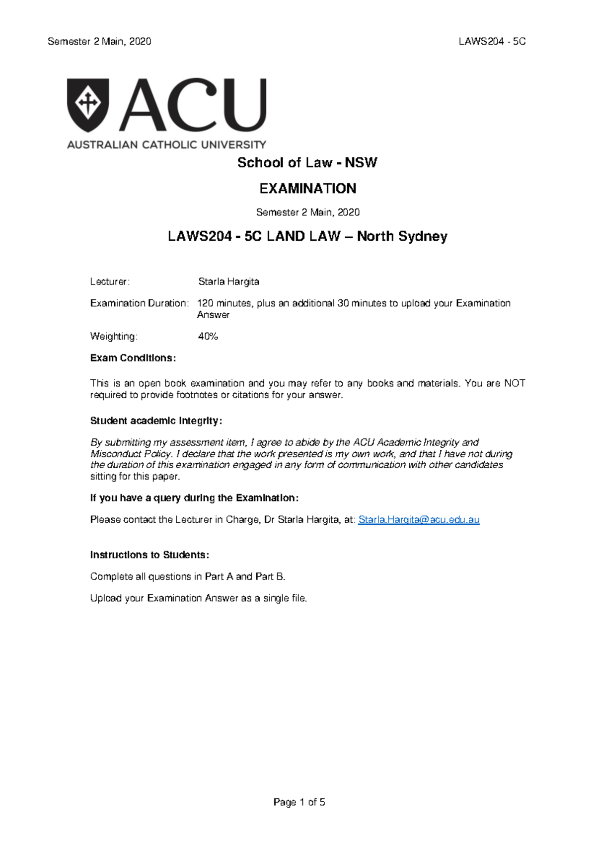 LAWS204 202060 Exam Main NSydney - School of Law - NSW EXAMINATION ...