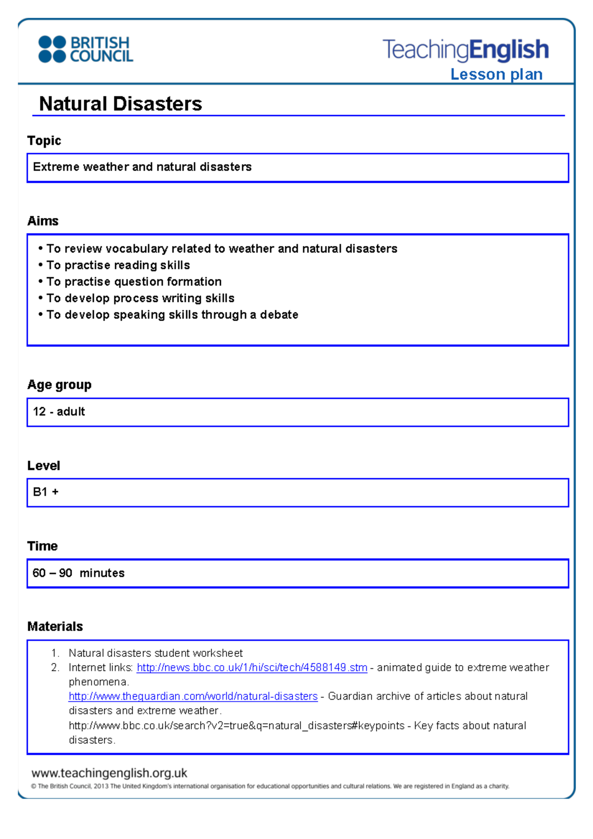 Natural disaster lesson plan - Lesson plan Natural Disasters Topic ...