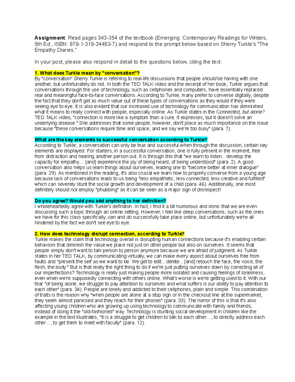 Discussion Prompt: 'The Empathy Diaries' by Sherry Turkle - Assignment ...