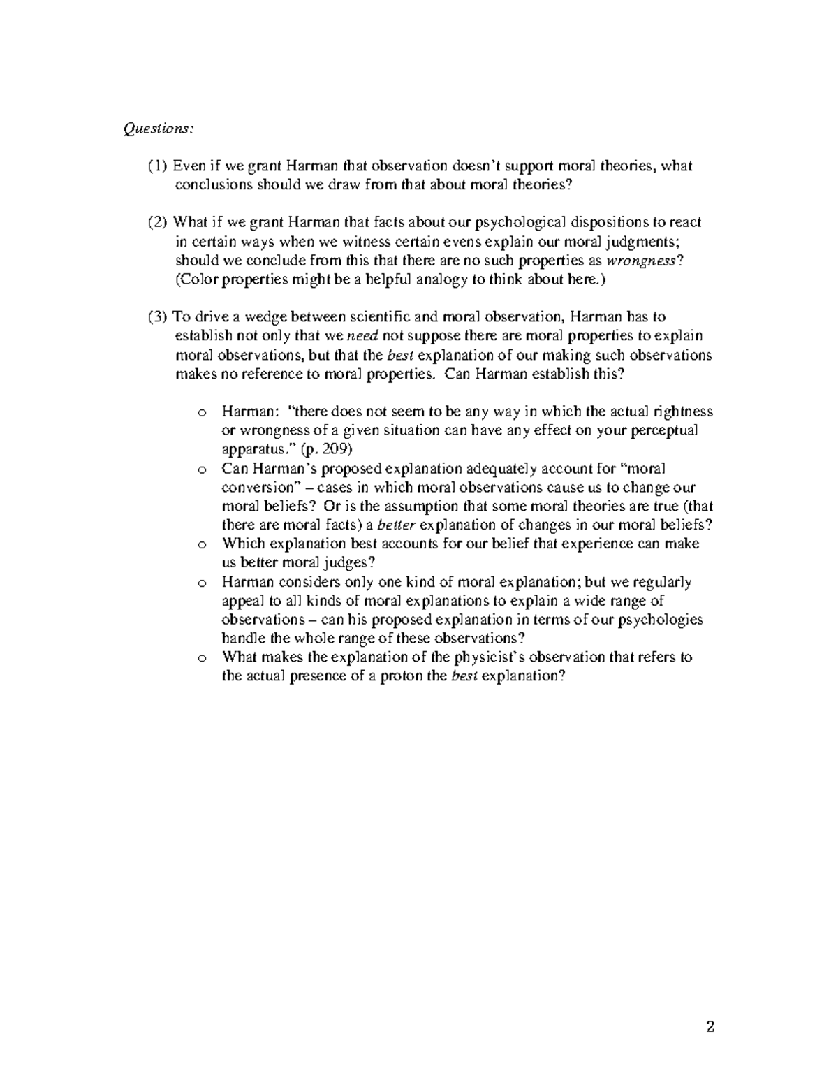 Ethics – Handout 5 Harman, “Ethics and Observation” - 2 Questions: (1 ...
