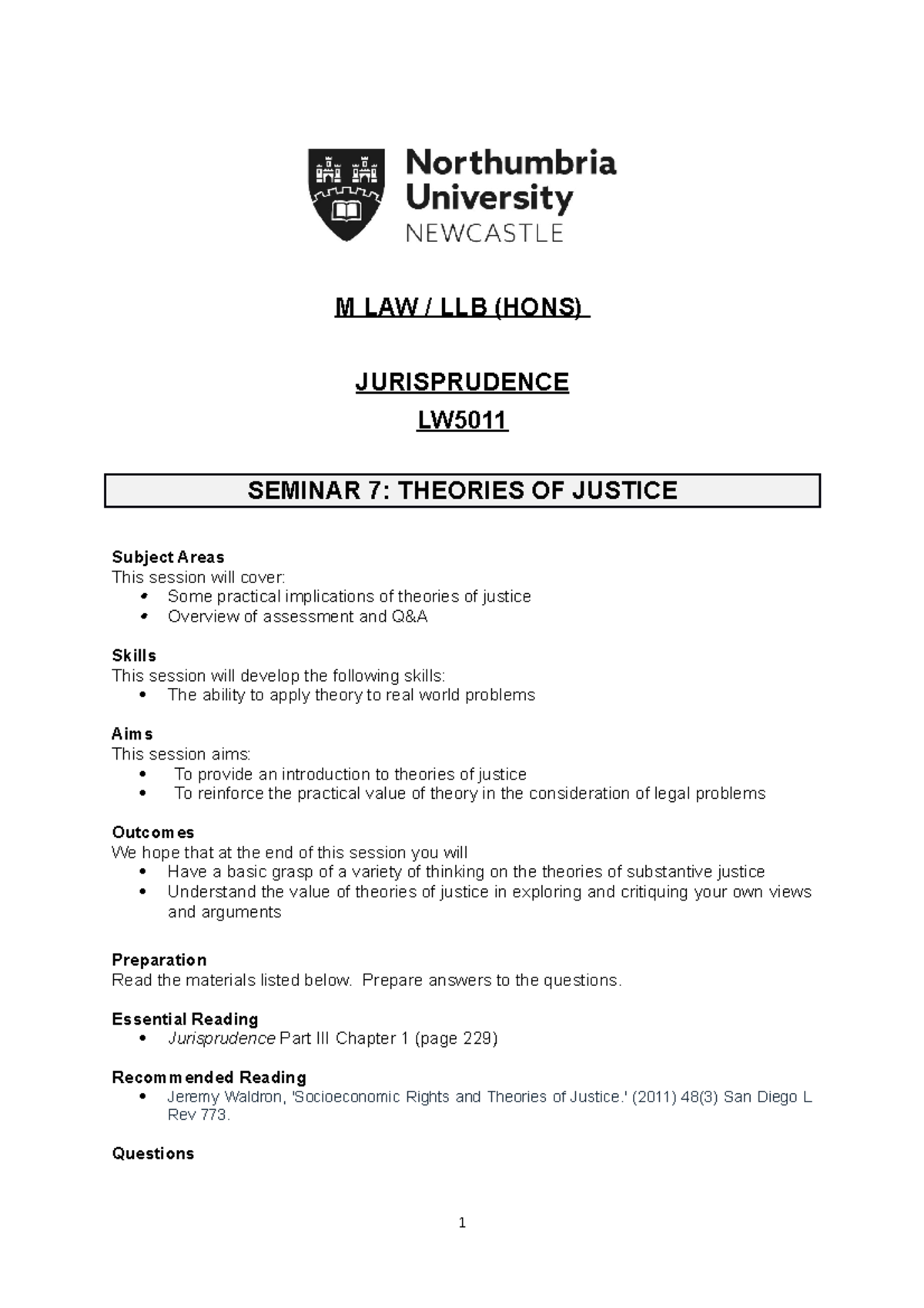 Theories of Justice - Lecture notes 12 - M LAW / LLB (HONS ...