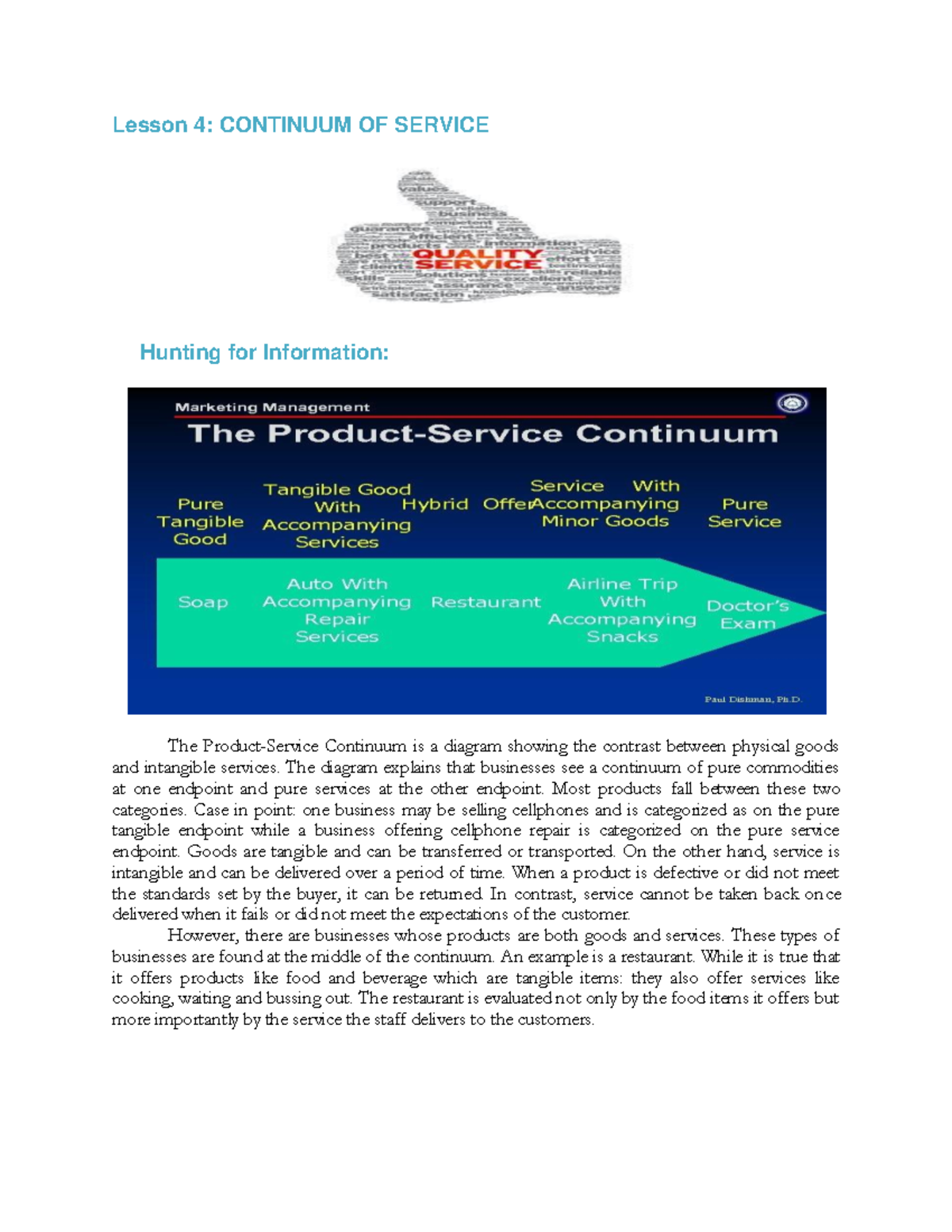 Lesson 4 Product Service Continuum - Lesson 4: CONTINUUM OF SERVICE ...