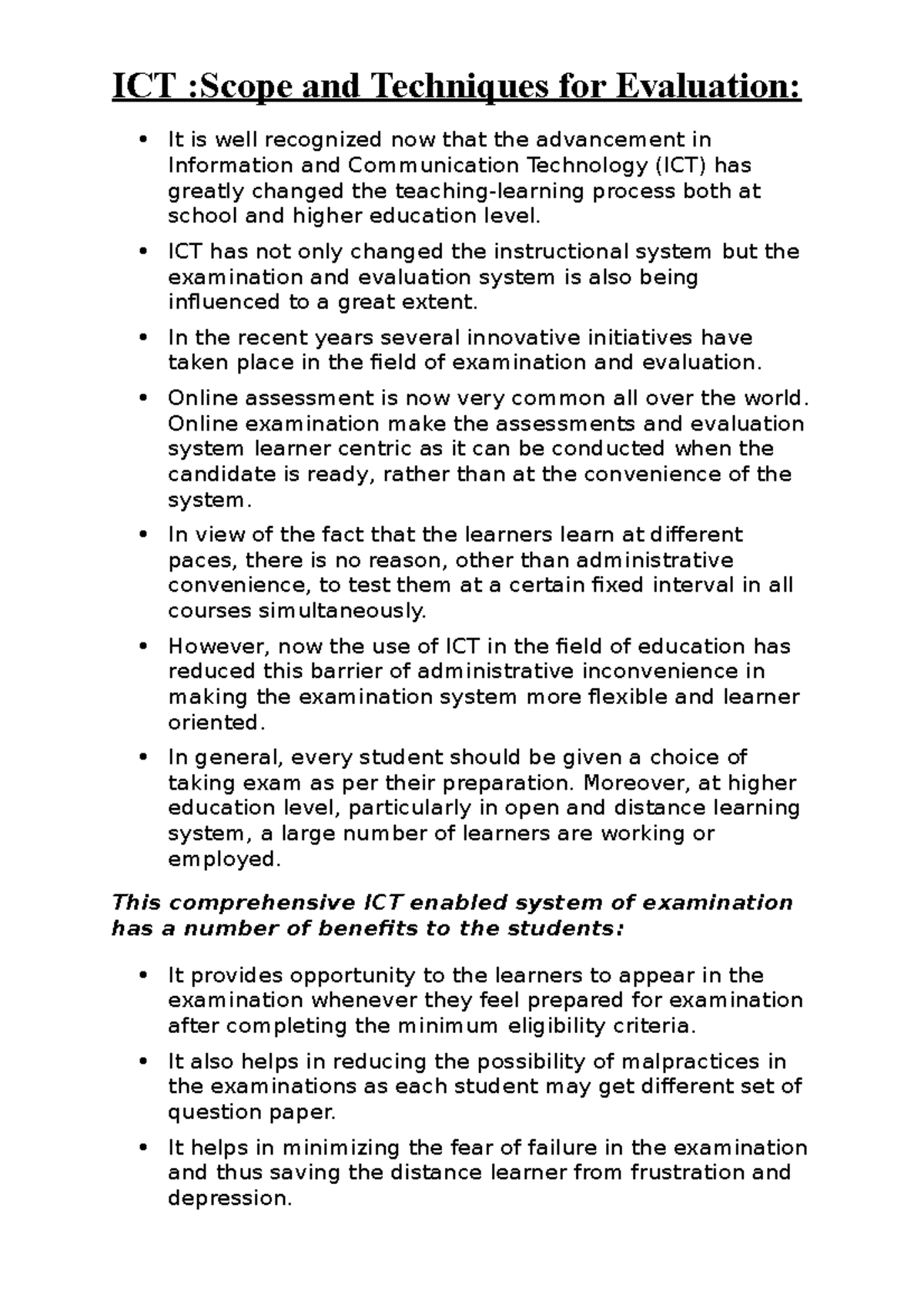 UNIT III - PART [A] - Bullet 1 - ICT :Scope and Techniques for Evaluation: It is well recognized ...