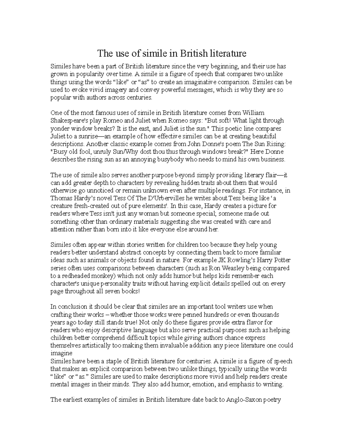 British Literature - A simile is a figure of speech that compares two ...