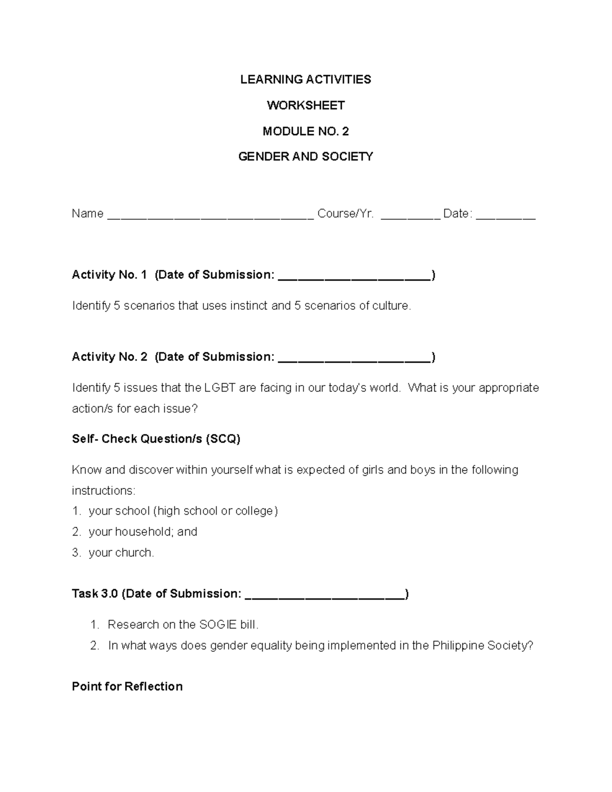 Learning Module NO.2 Activity - LEARNING ACTIVITIES WORKSHEET MODULE NO ...