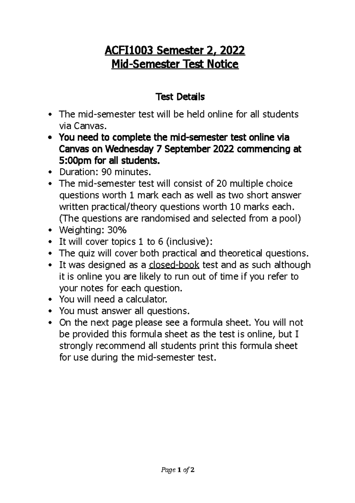 ACFI1003 formula sheet - ACFI1 003 Semester 2 , 2022 Mid-Semester Test ...