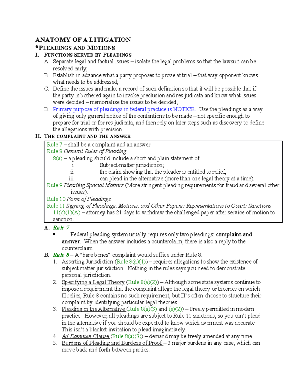 Civil Procedure Law Outline - 1 - ANATOMY OF A LITIGATION *PLEADINGS ...