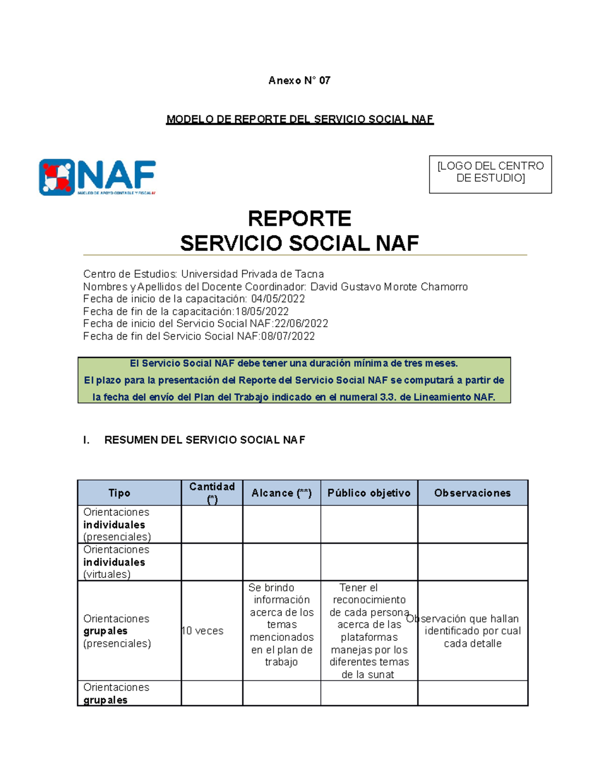 Anexo 7 Reporte SS NAF Alexander Torres Machaca - Anexo N° 07 MODELO DE ...