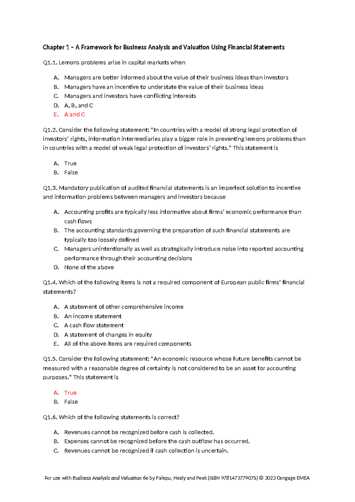 Chapter 1 test bank questions - Chapter 1 – A Framework for Business ...