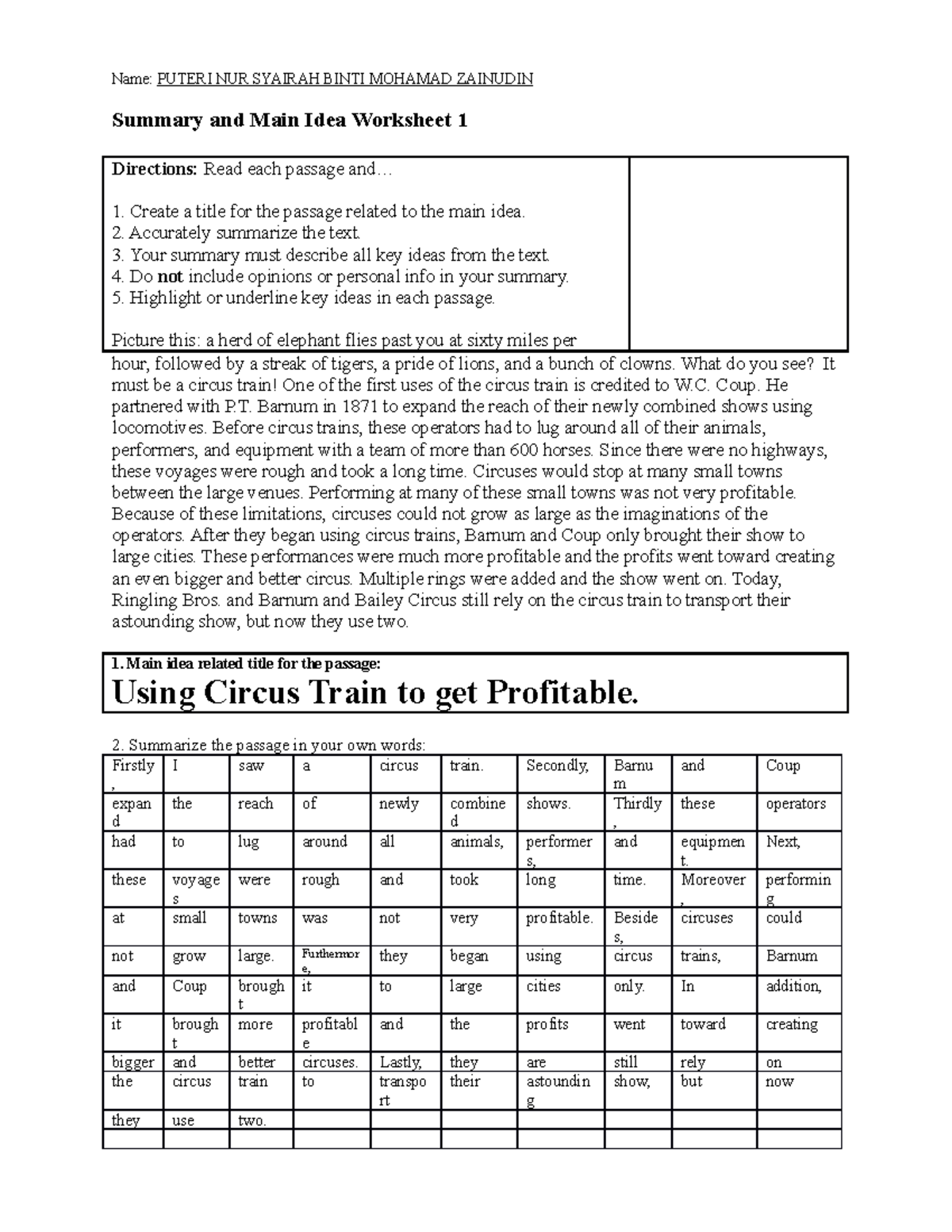 ELC151 BL3 Reading summary-and-main-idea-worksheet - Name: PUTERI NUR ...