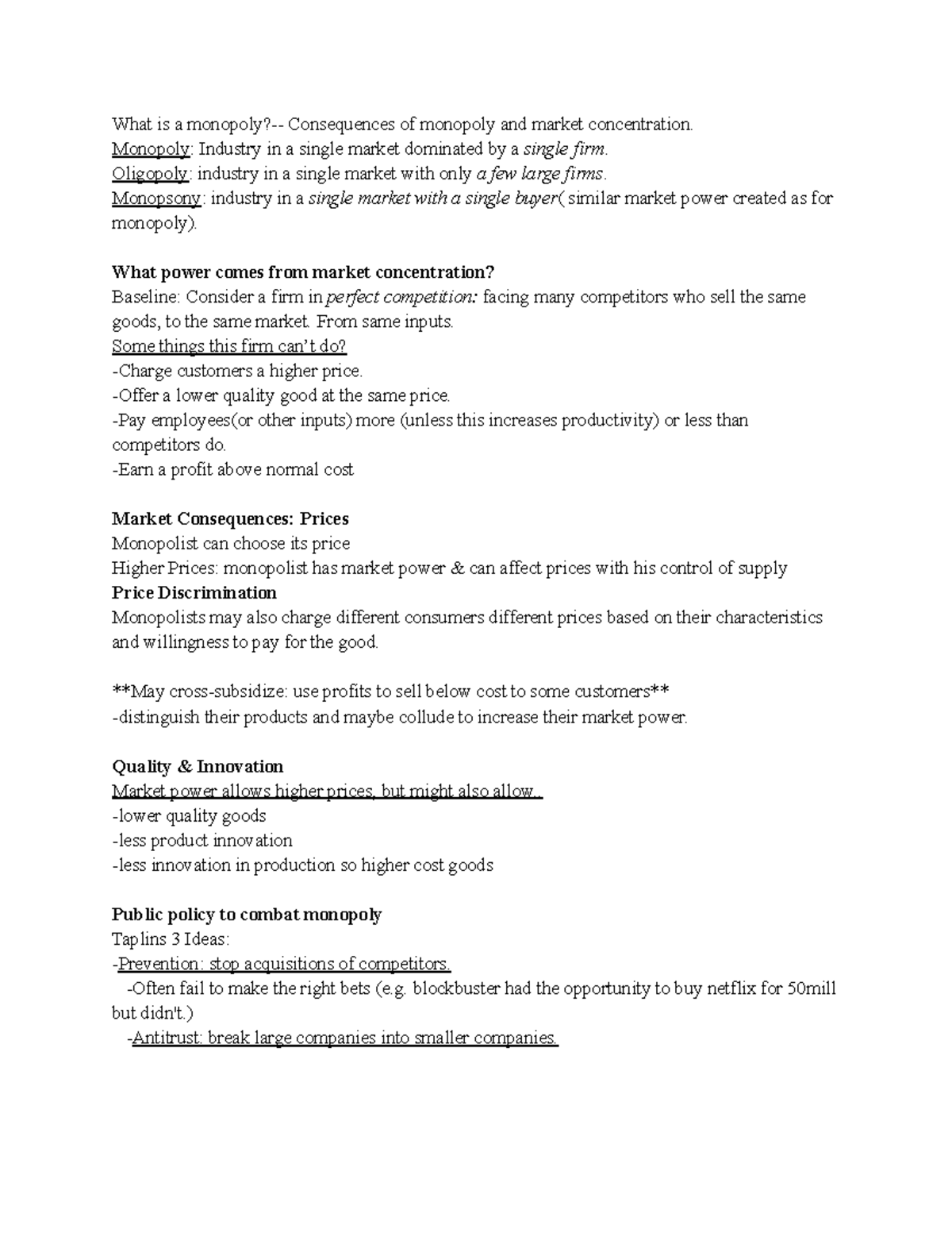 MP Notes Ch5 - Thomas Choate - What is a monopoly?- Consequences of ...