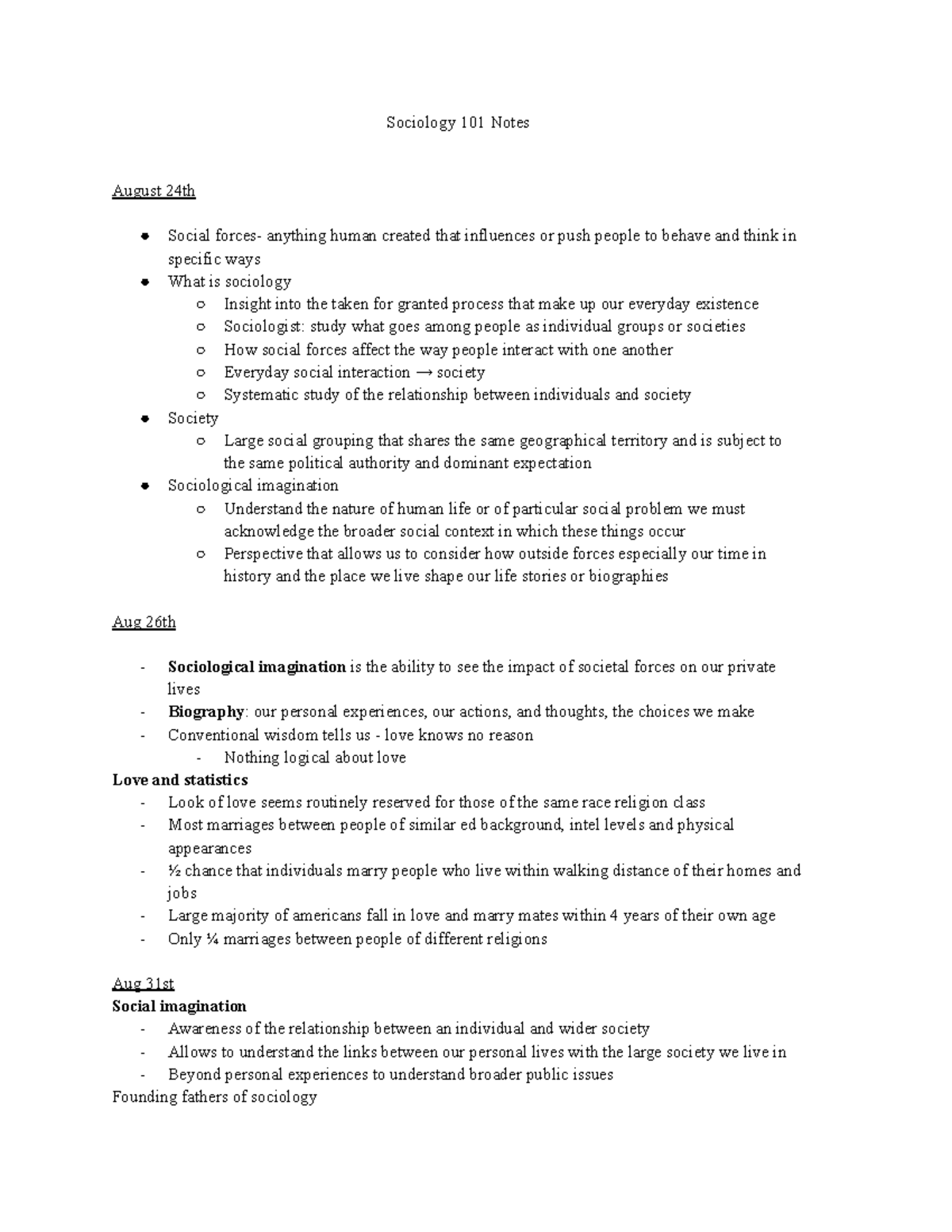 Sociology 101 notes - Sociology 101 Notes August 24th Social forces ...