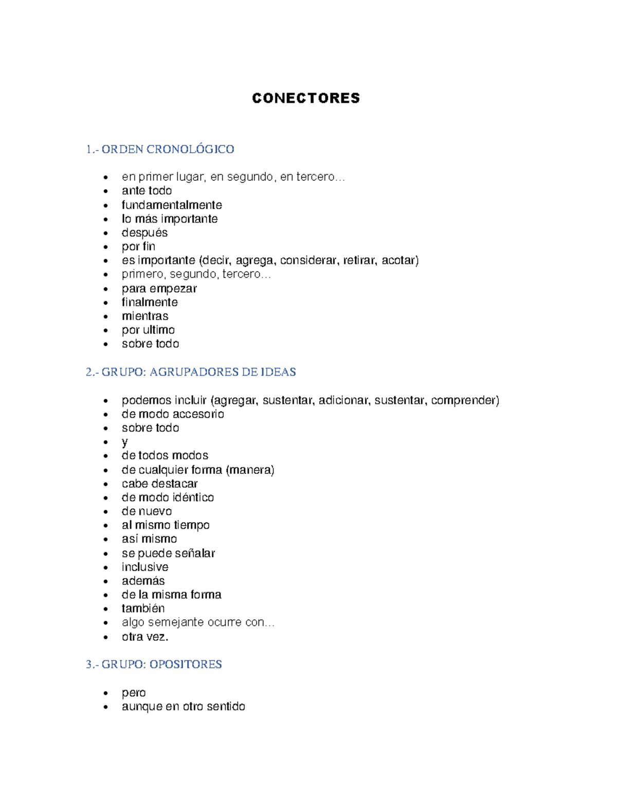 Conectores Y Lista DE Verbos - CONECTORES 1.- ORDEN CRONOLÓGICO • en ...