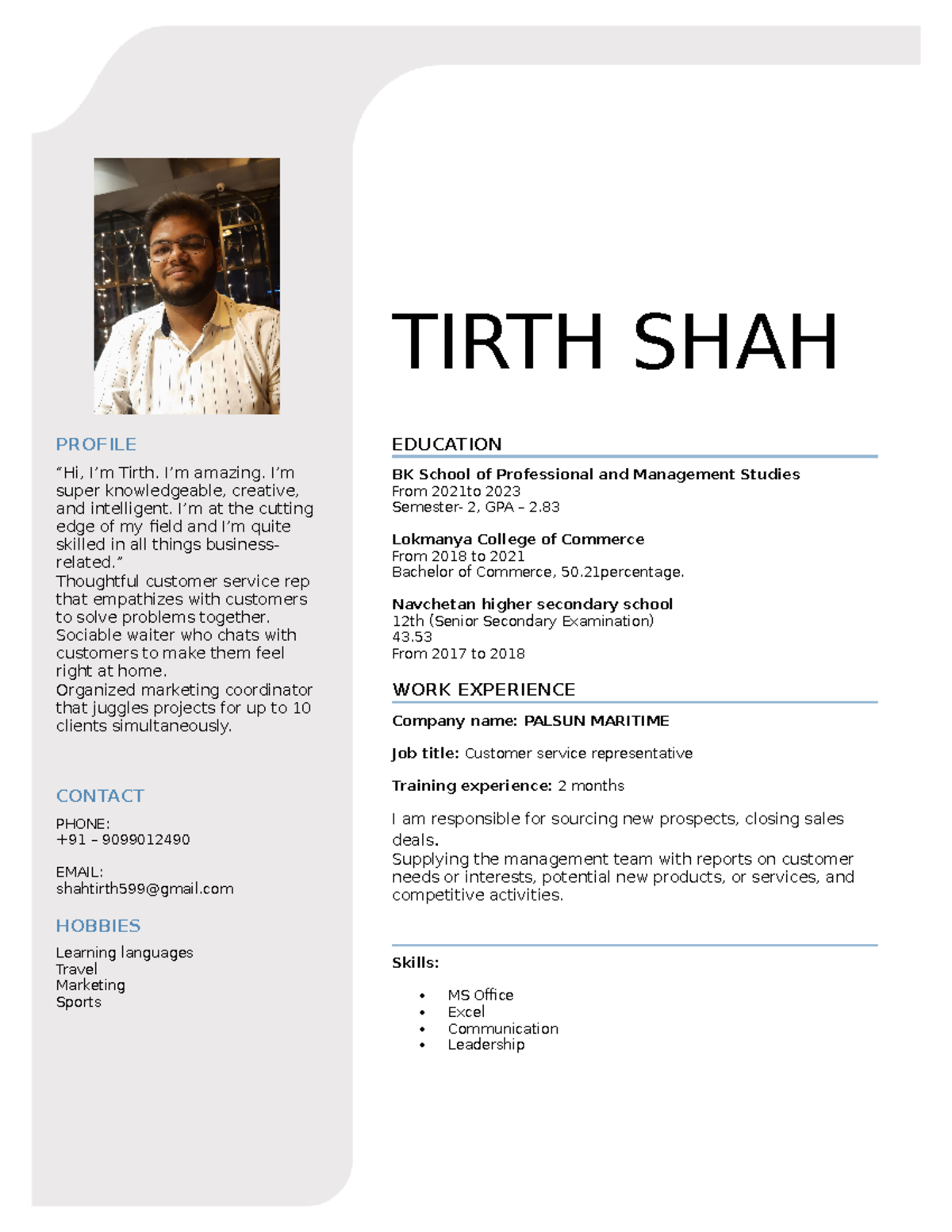 Tirth shah resume 1 - This document is helpfull - TIRTH SHAH PROFILE ...