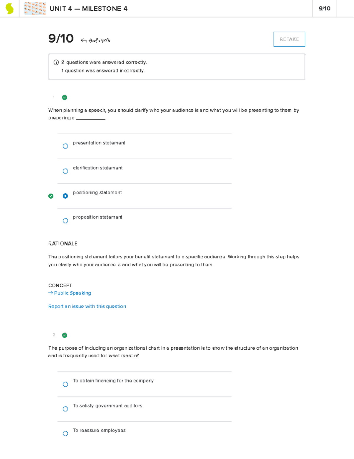Milestone 4 - 1 CONCEPT → Public Speaking 2 9 / 10 that's 90% RETAKE 9 ...