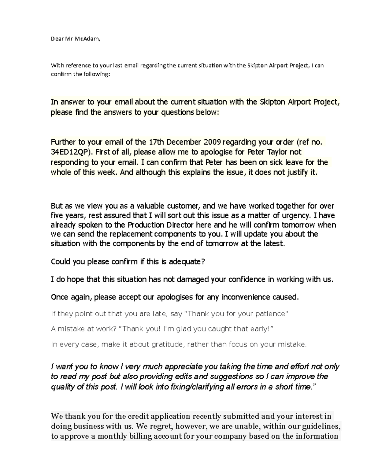 Dear Mr Mc Adam - It's about writing formal letter - Dear Mr McAdam ...