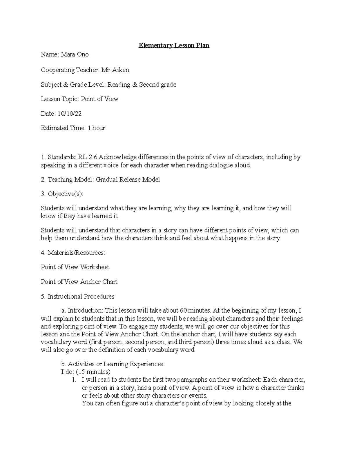Lesson Plan #3 Reading - Elementary Lesson Plan Name: Mara Ono ...