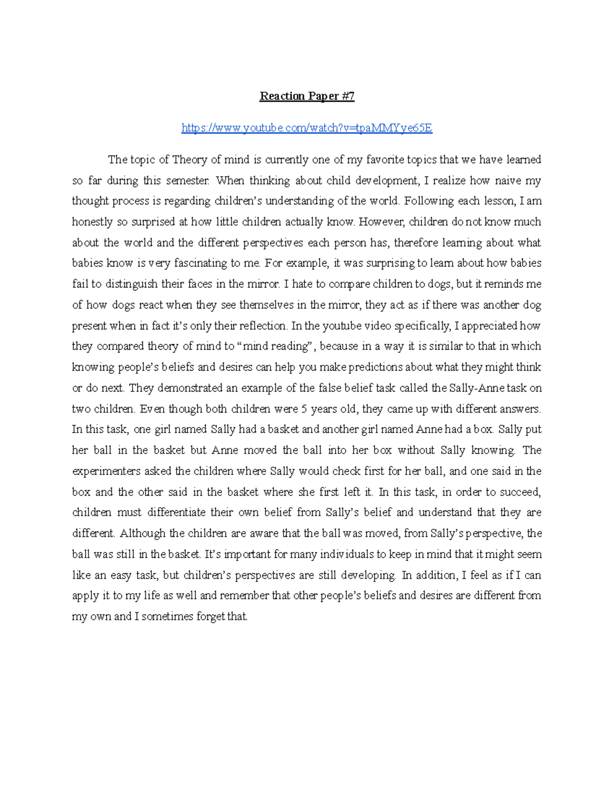 Reaction Paper #7 - When thinking about child development, I realize ...