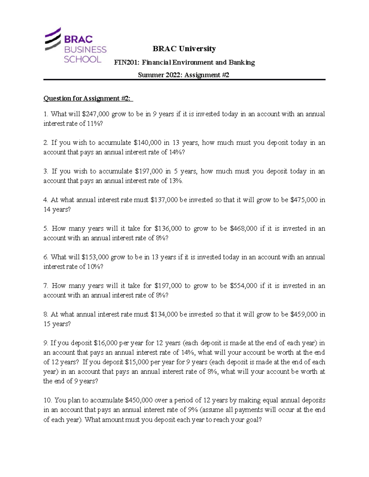 Instructions for Assignment #2-Summer 2022 - BRAC University FIN201 ...