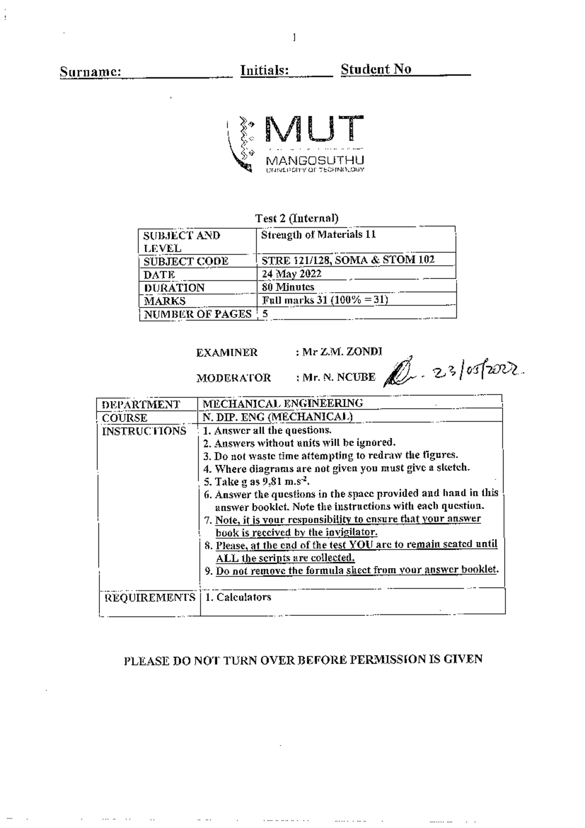 Strength TEST 2.T1.2022 ( Mechanical Notes) - STOM102 - MUT - Studocu