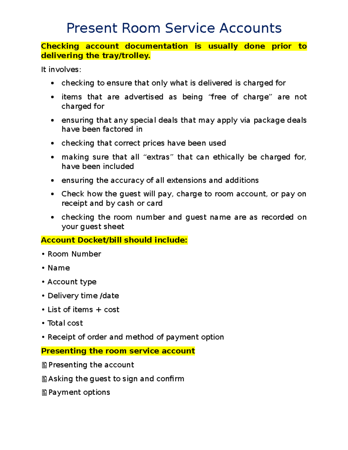 Present Room Service Accounts - International Tourism Management - Studocu